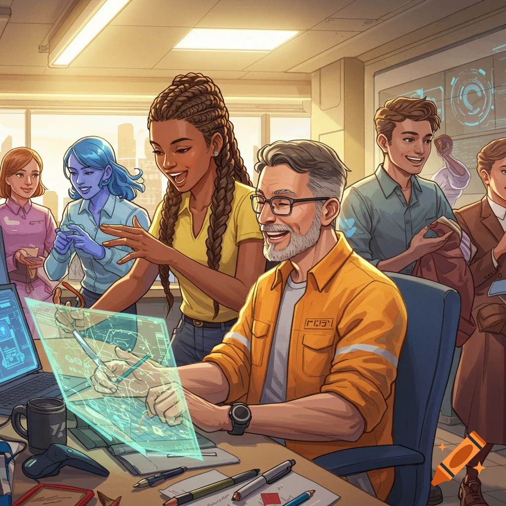 Illustration of a diverse team collaborating around a futuristic ...