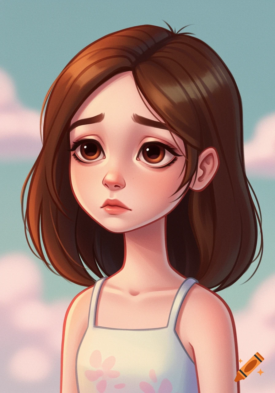 Animated portrait of a sad girl with brown hair and dull eyes. on Craiyon
