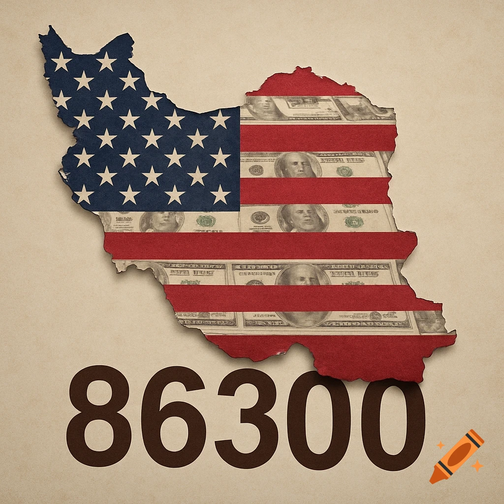 A map of Iran filled with the US flag pattern over US hundred-dollar ...