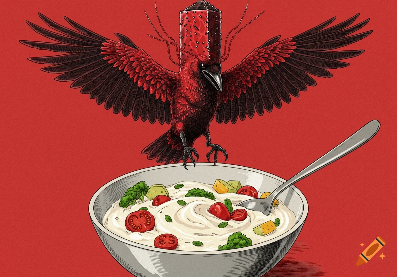 Illustration of a red and black raven-like creature hovering over a ...