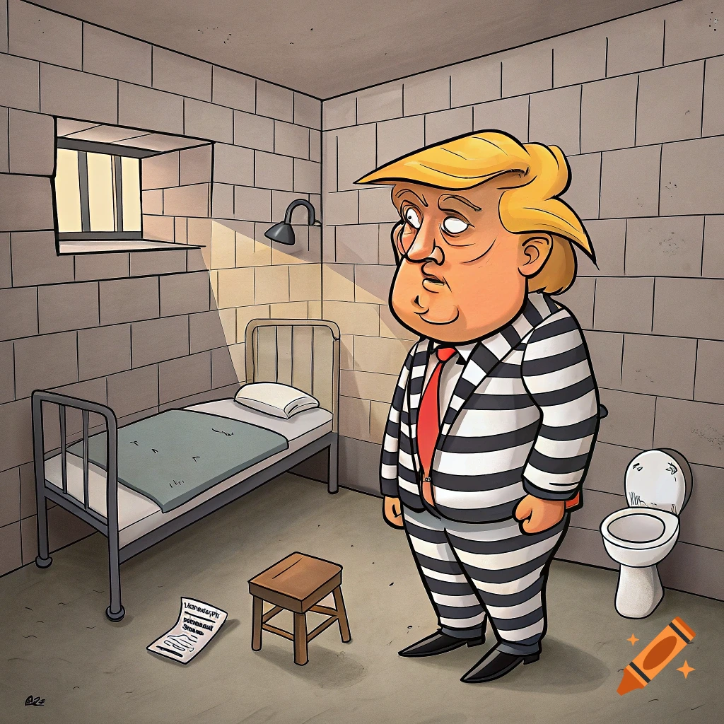 Cartoon caricature of Donald Trump in a striped prison uniform standing ...