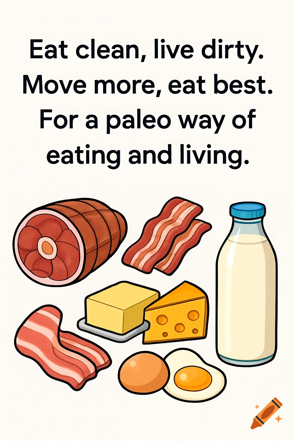 Cartoon illustration with text and paleo diet foods: beef, bacon ...