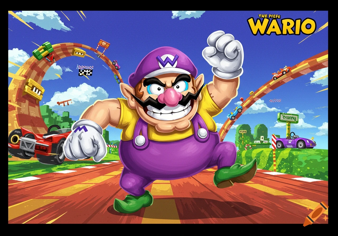 Wario running on a vibrant racing track with karts in a cartoon style ...