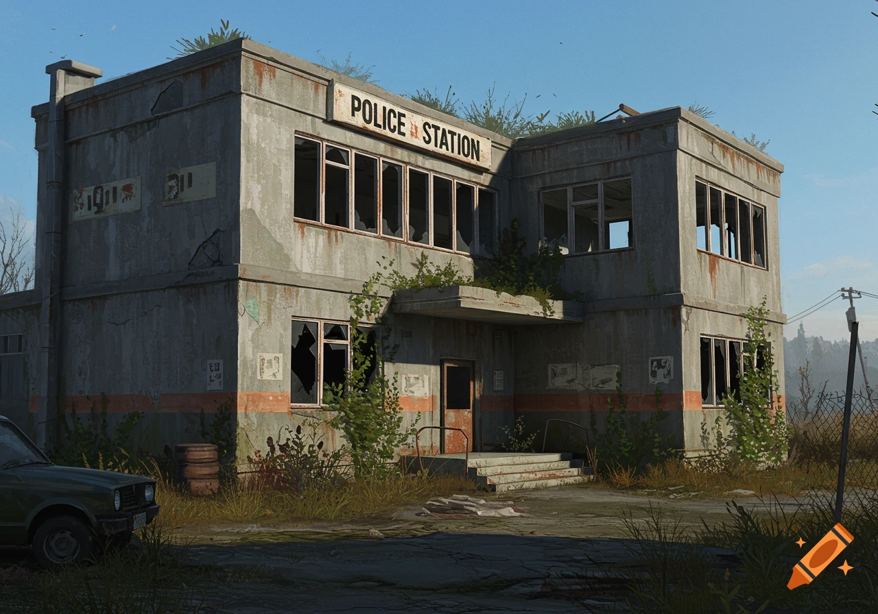 A derelict concrete police station with broken windows and overgrown ...