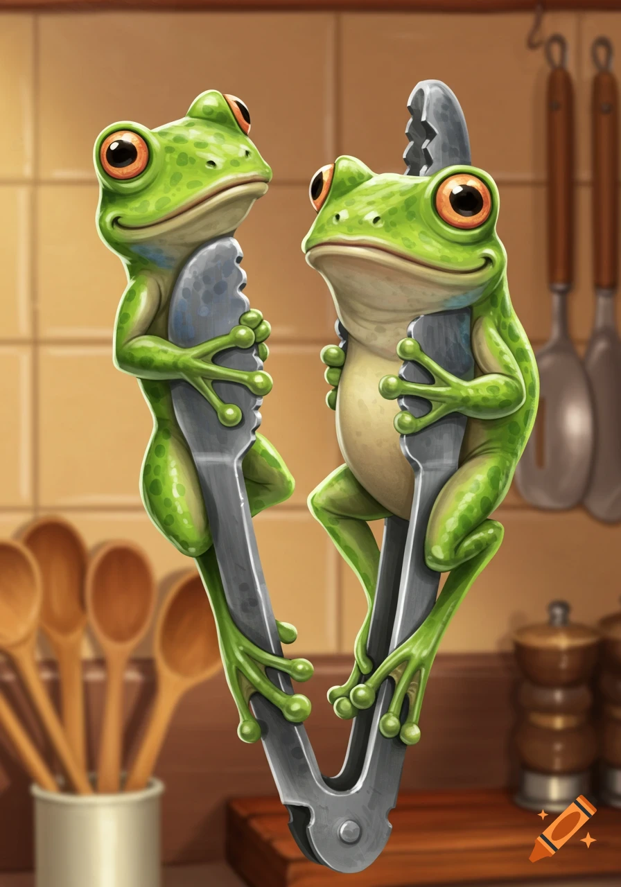 Two cartoon green frogs hold onto metal kitchen tongs in an illustrated ...