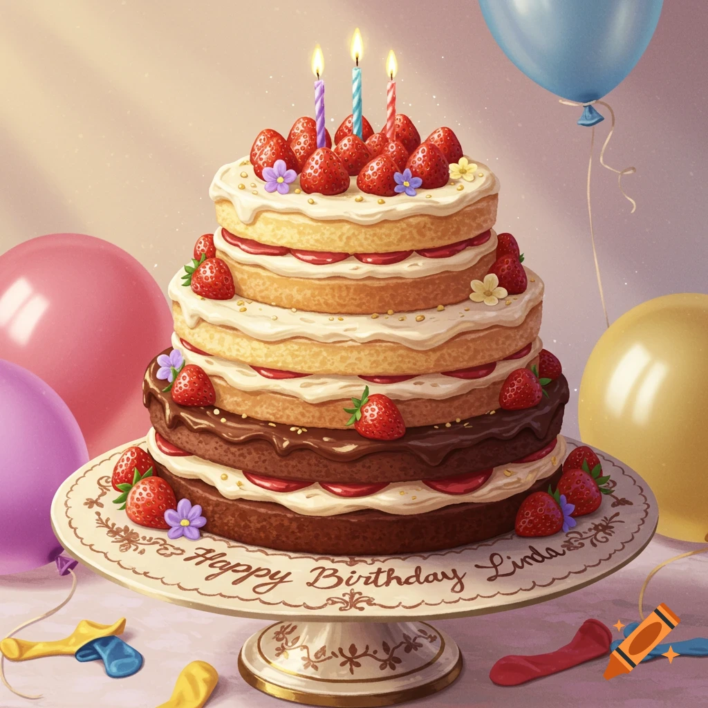 Layered birthday cake with strawberries, candles, and balloons, with ...