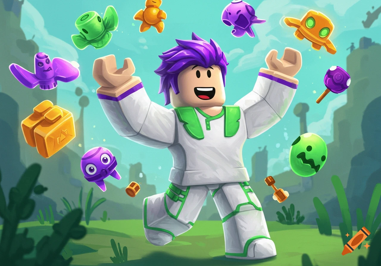 A jubilant Roblox character surrounded by floating game collectibles in ...