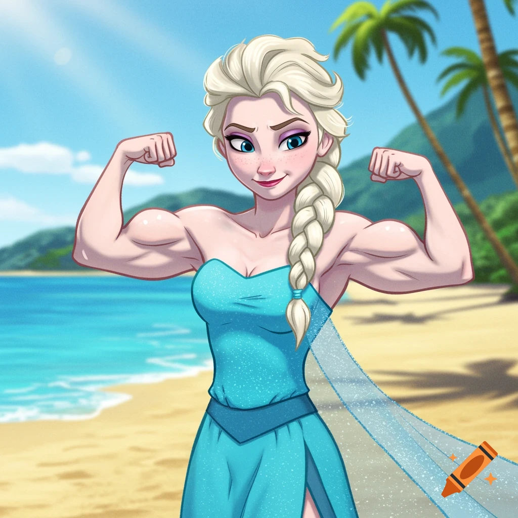 Cartoon of Elsa from Frozen flexing her biceps on a tropical beach. on Craiyon