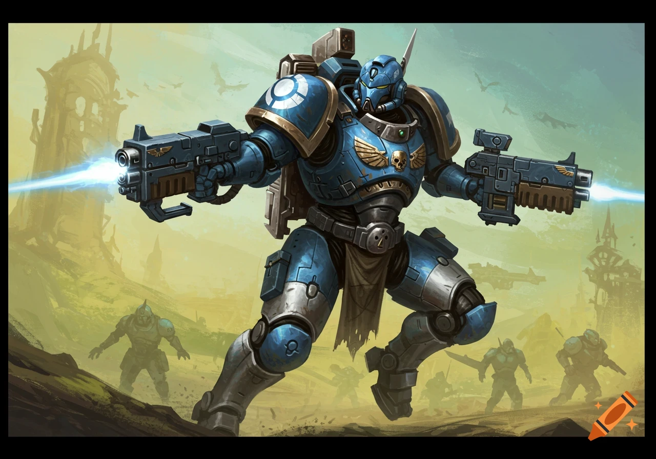 A character in blue and silver power armor holding energy weapons in a ...