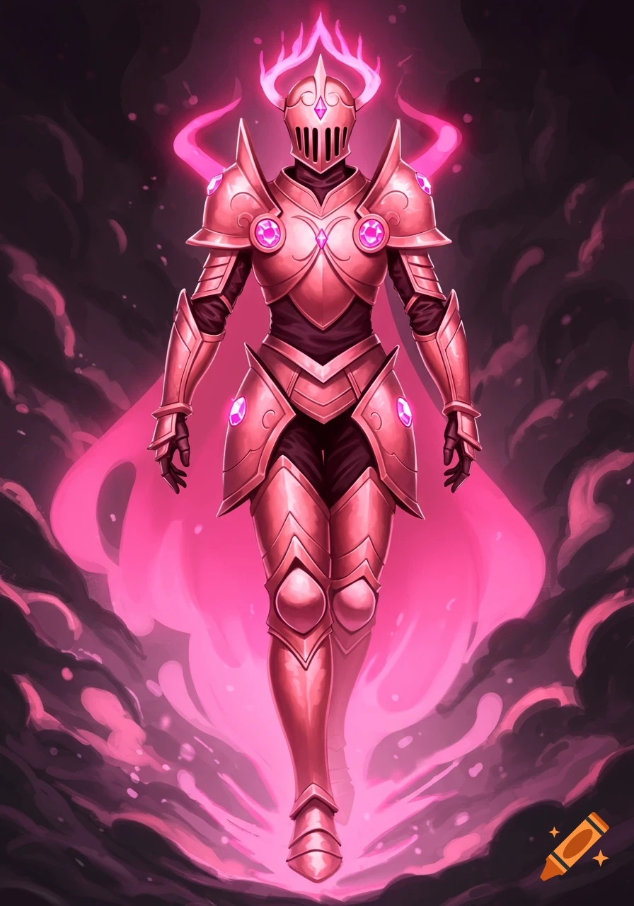A pink armored knight stands with a glowing pink aura against a dark ...
