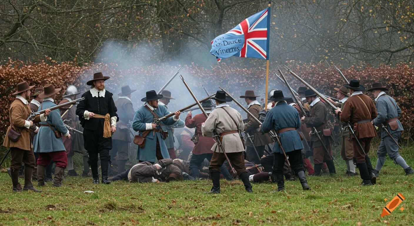 English Civil War battle reenactment with soldiers firing muskets on ...