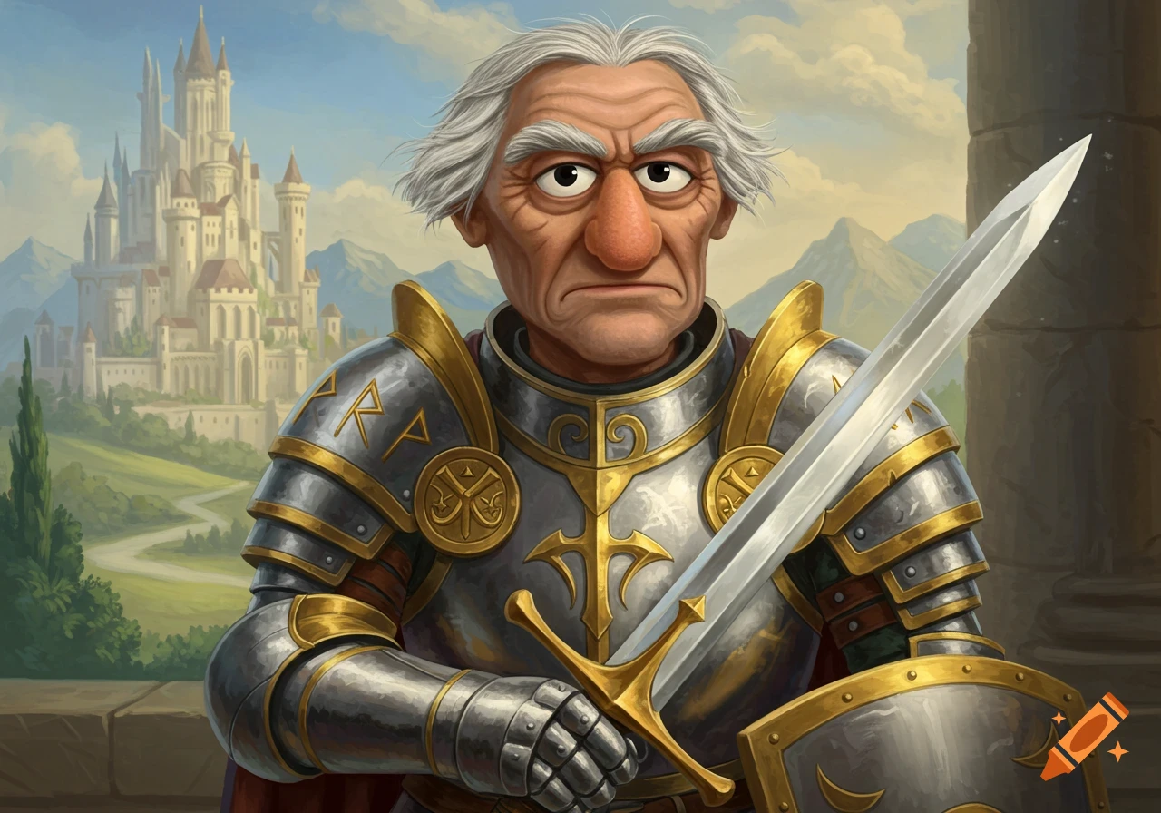 An older man in fantasy paladin armor holds a sword and shield with a ...