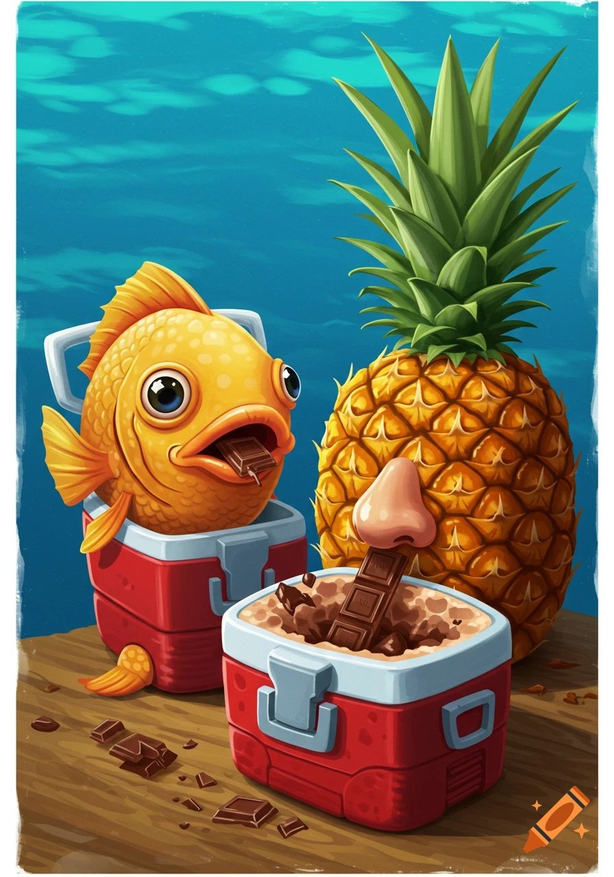 Cartoon fish in cooler eats chocolate next to pineapple in cooler with ...
