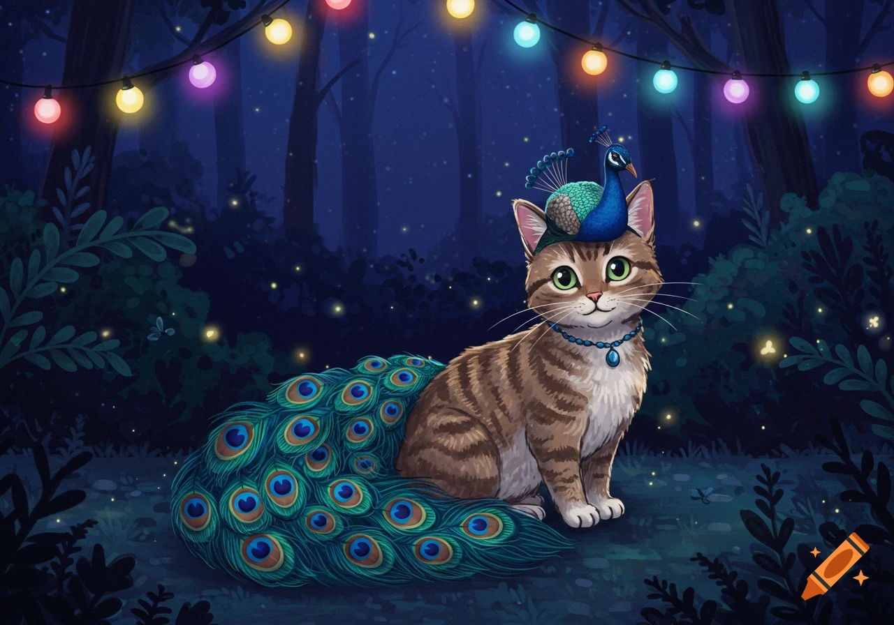 Cartoon tabby cat with a peacock tail and hat sits in a whimsical night ...