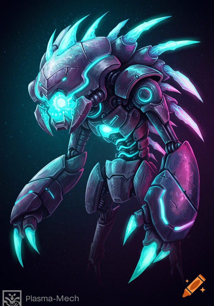 A dark sci-fi illustration of a robotic monster with glowing blue ...
