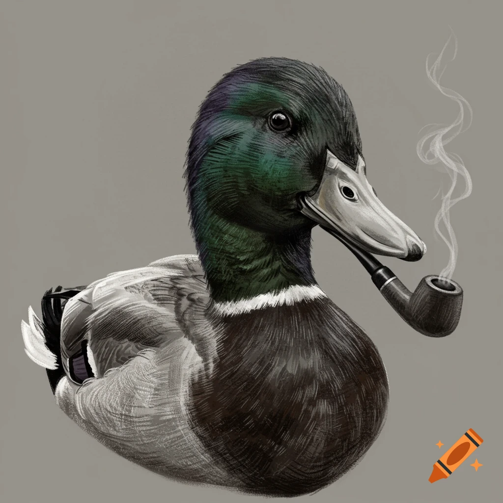 An illustration of a mallard duck smoking a pipe. on Craiyon