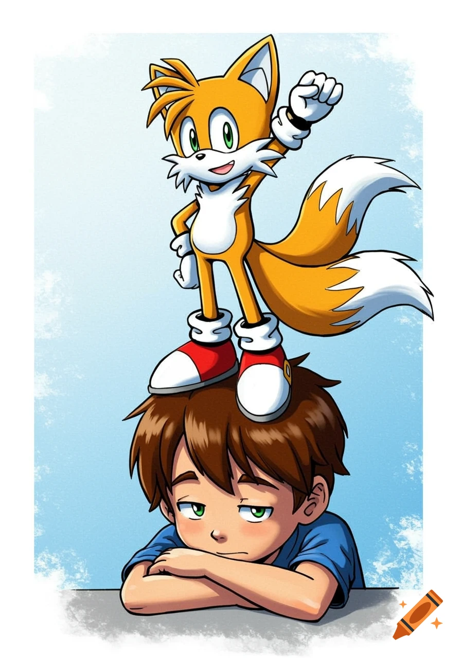 Tails the Fox stands on the head of a cartoon boy in a cartoon style ...