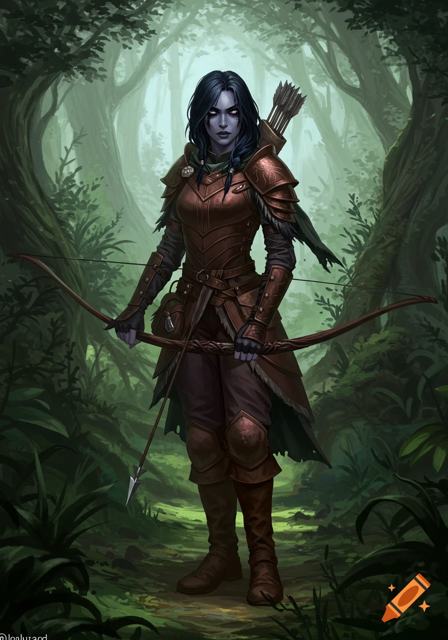 A dark fantasy ranger with white eyes stands in a forest, holding a bow ...