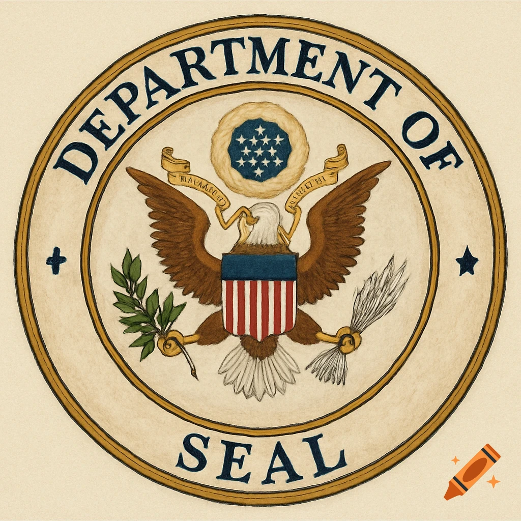 Illustration of a circular official seal with an eagle, shield, olive ...