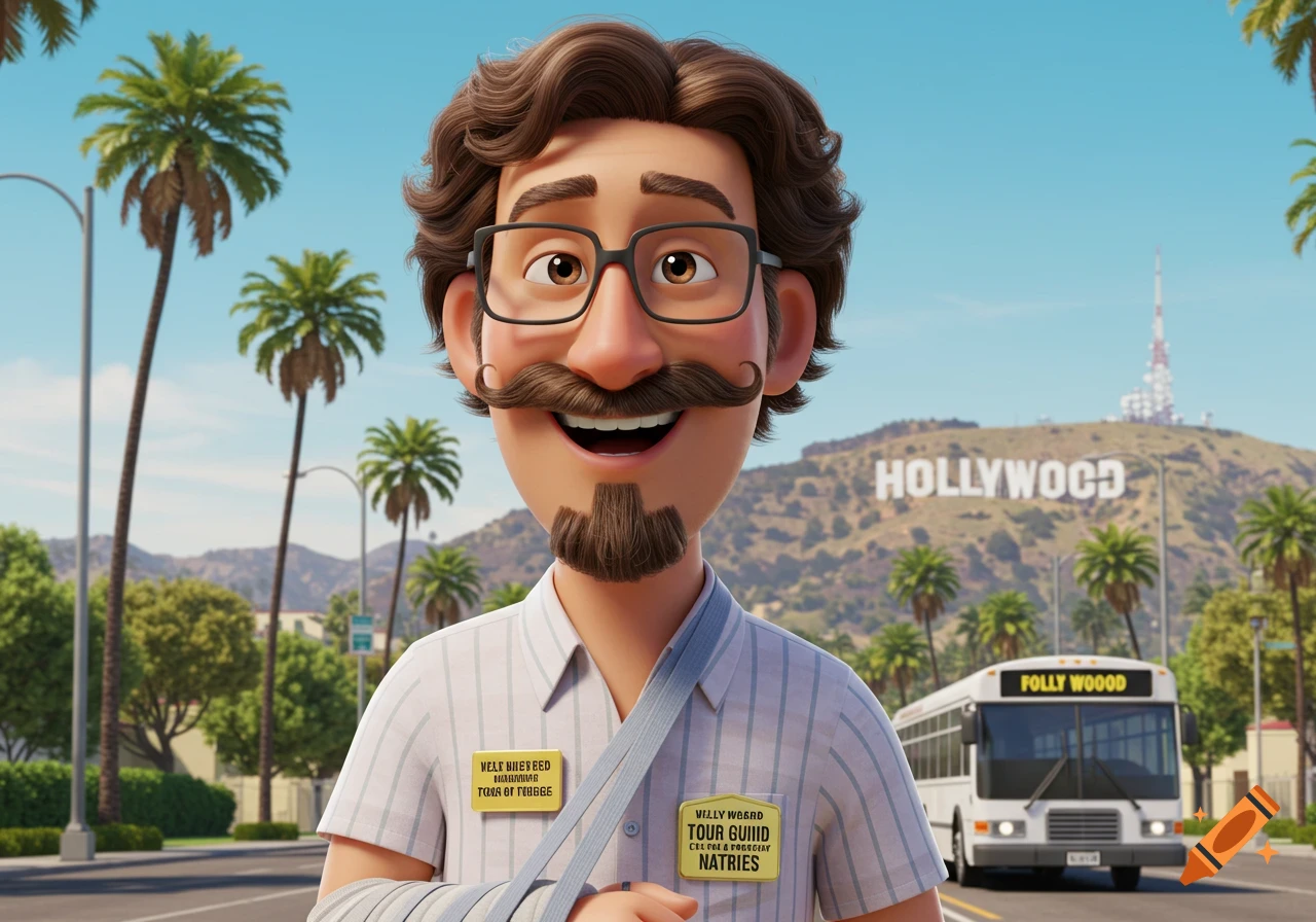 A Pixar-style cartoon tour guide character with an arm in a sling ...