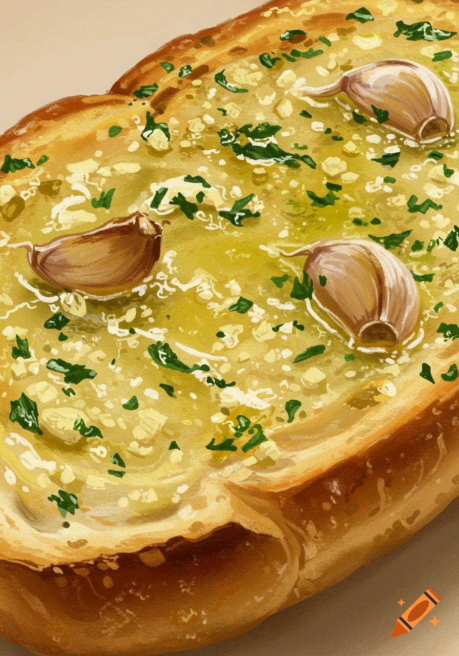 Close-up illustration of garlic bread with butter, herbs, and garlic ...