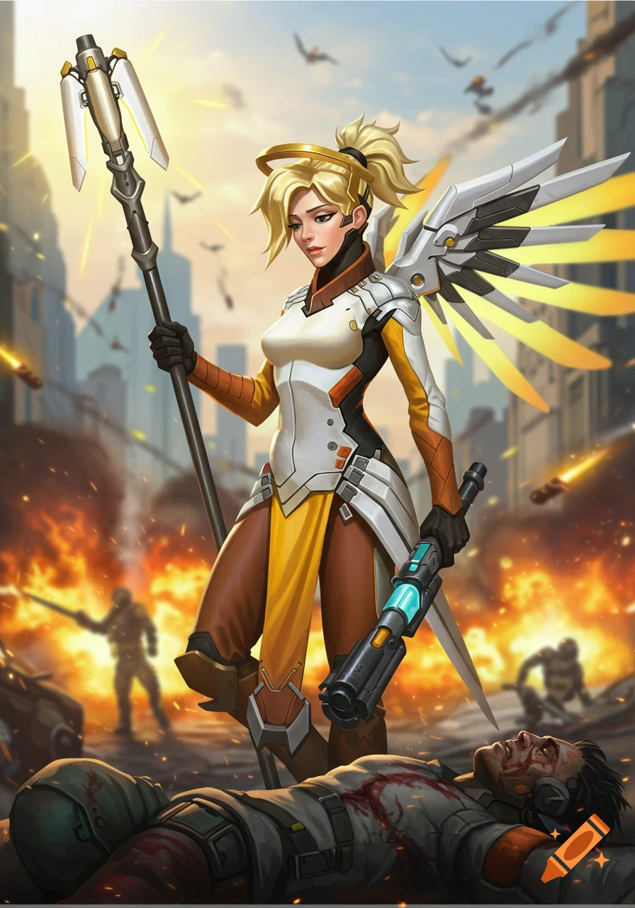 Mercy from Overwatch stands amidst a battle holding her staff and ...