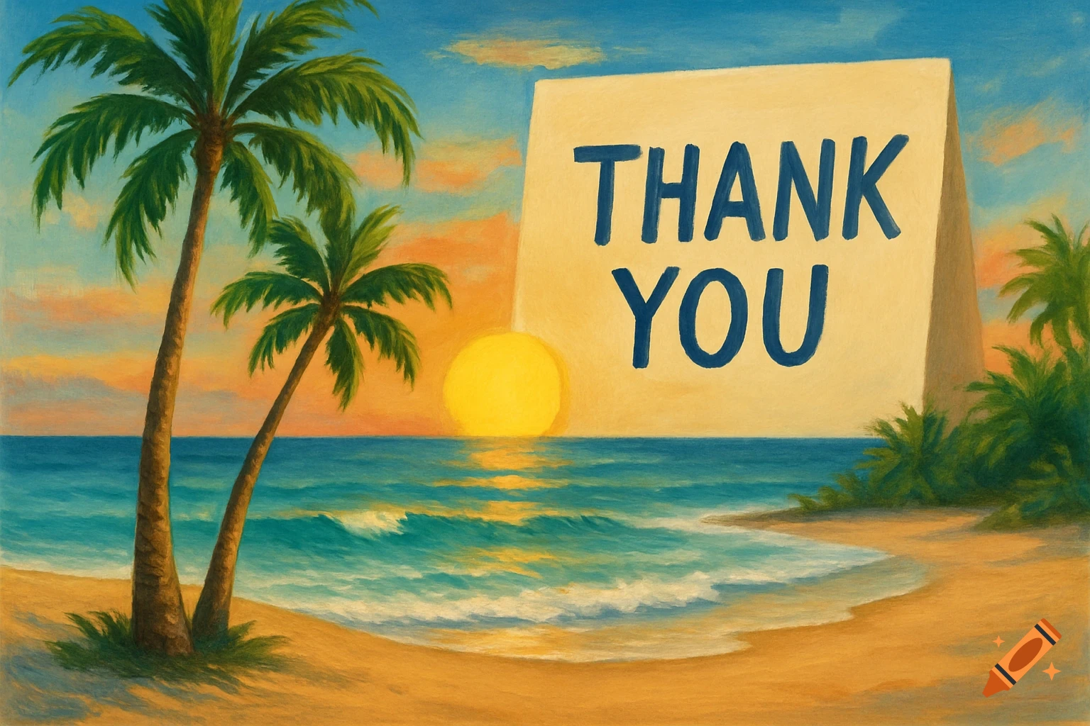 A painting of a tropical beach at sunset with palm trees and a large ...