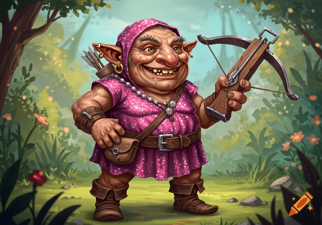 Illustration of an ugly fantasy creature in a pink dress holding a ...