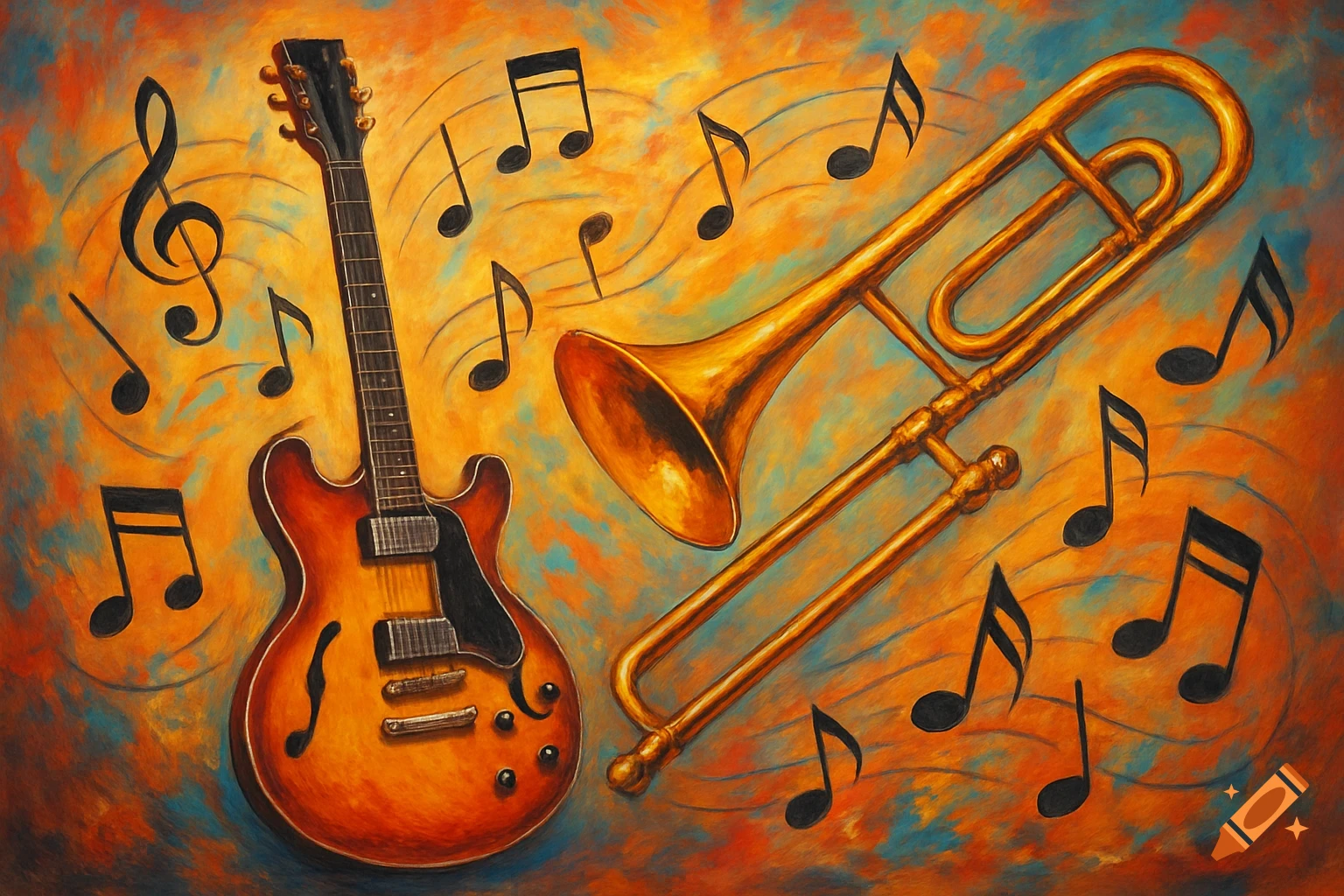 Painting of an electric guitar and trombone with music notes in warm ...