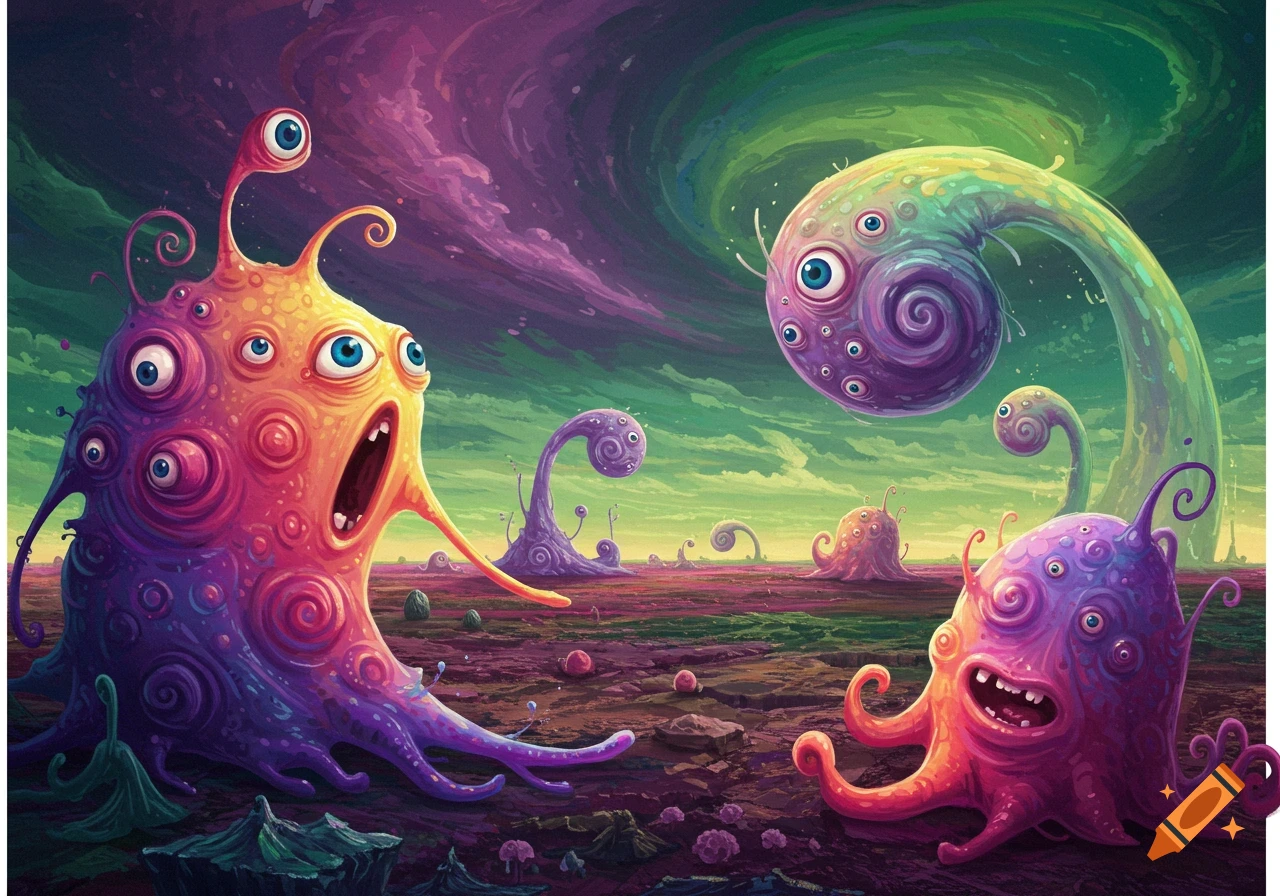 Several colorful, multi-eyed alien creatures on an alien landscape with ...