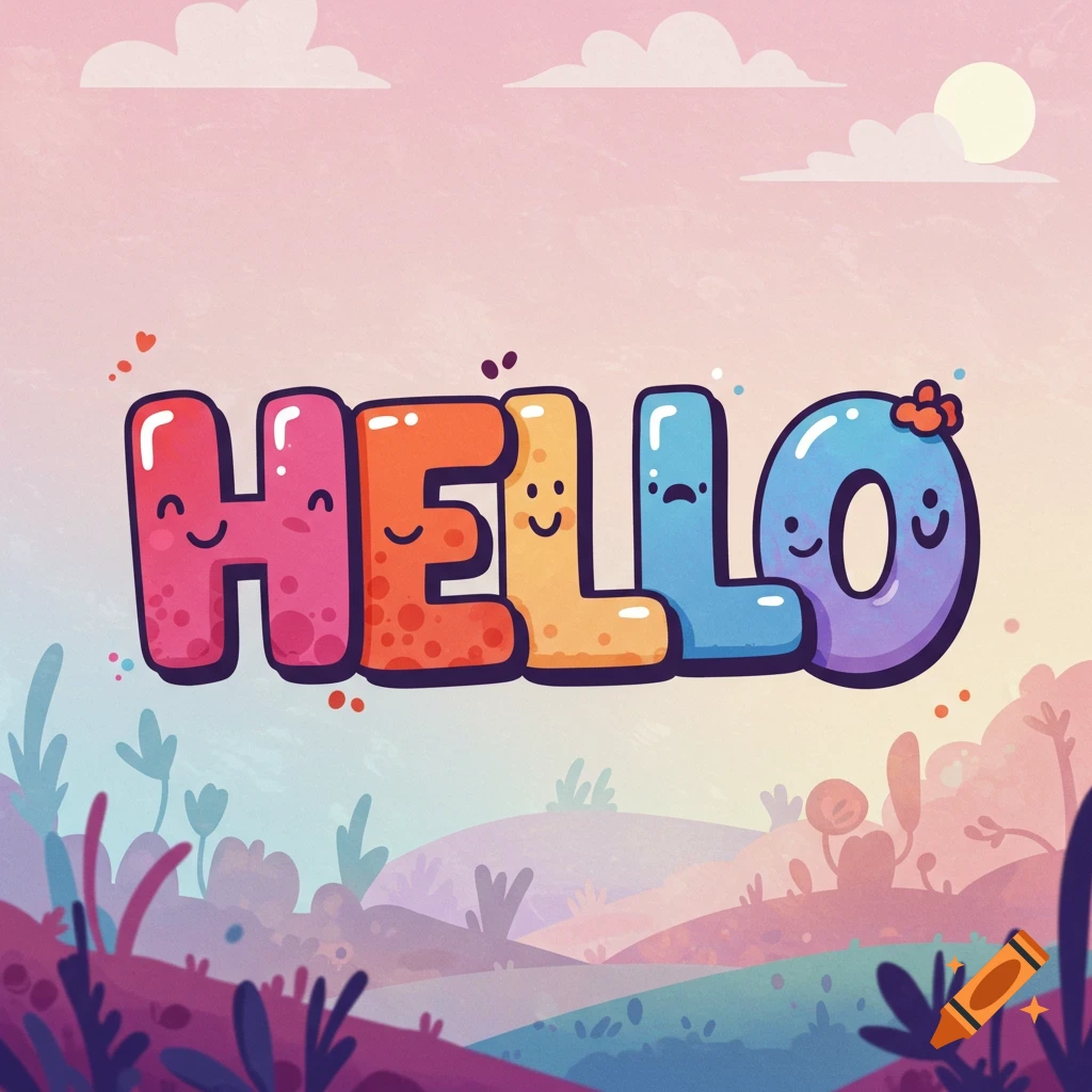 Colorful cartoon letters spelling 'HELLO' in a whimsical landscape. on ...