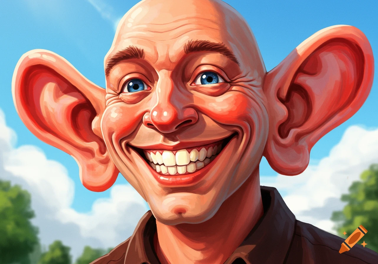 Caricature portrait of a bald man with exaggeratedly large ears and a wide smile against a sunny ...