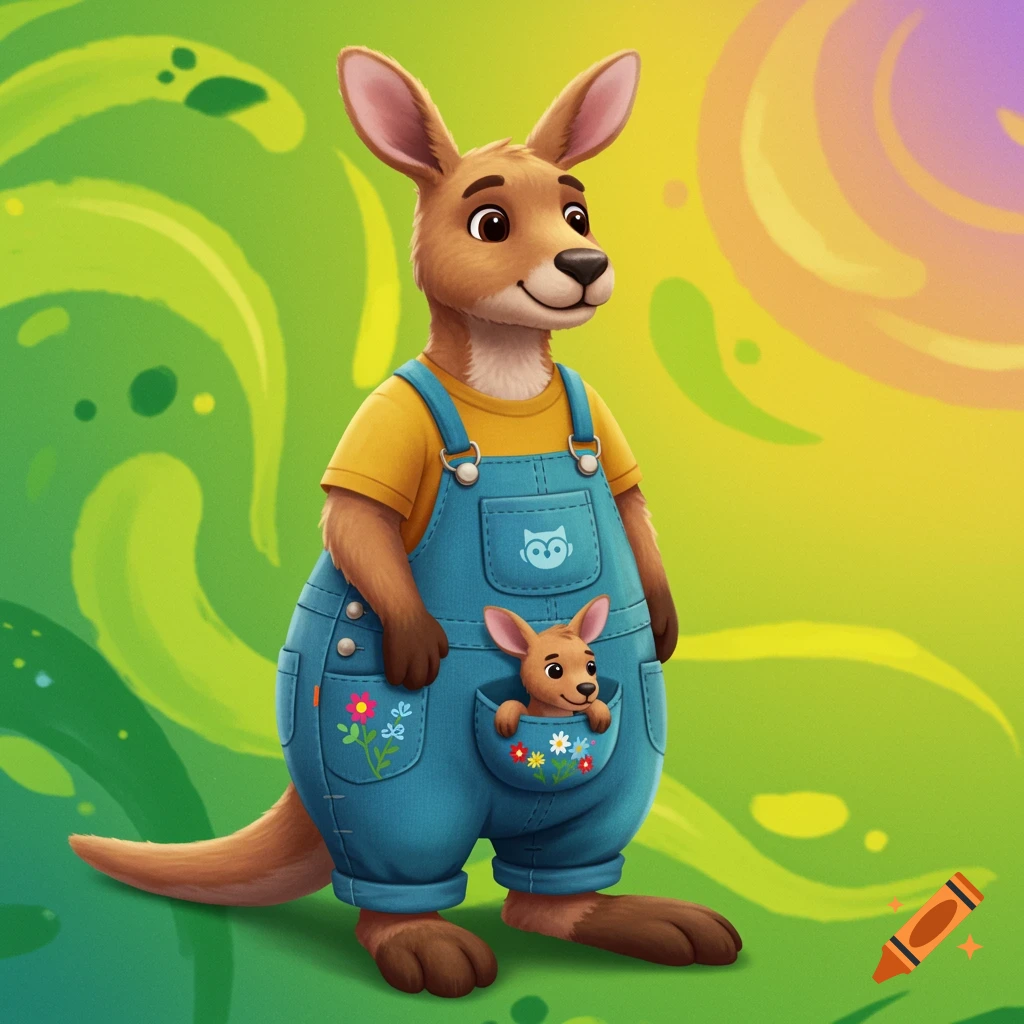 Cartoon kangaroo in overalls with joey in pouch, illustration style. on ...