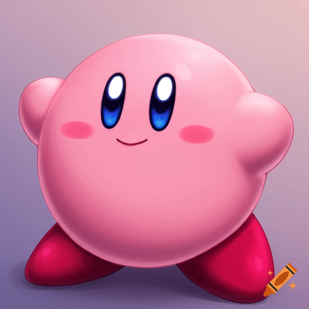 A cute, round pink Kirby character smiling. on Craiyon