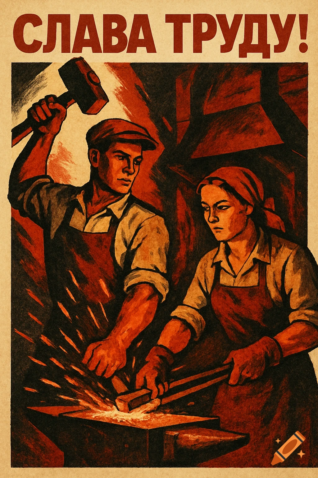 Soviet-style propaganda poster of a man and woman working at a ...
