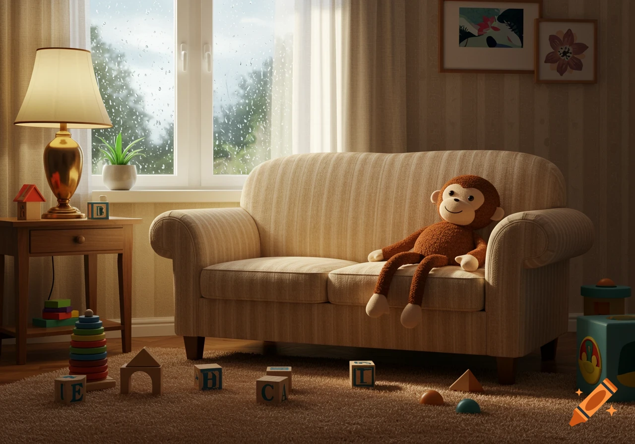 A plush monkey sits on a sofa in a dreamy living room with rain on the ...