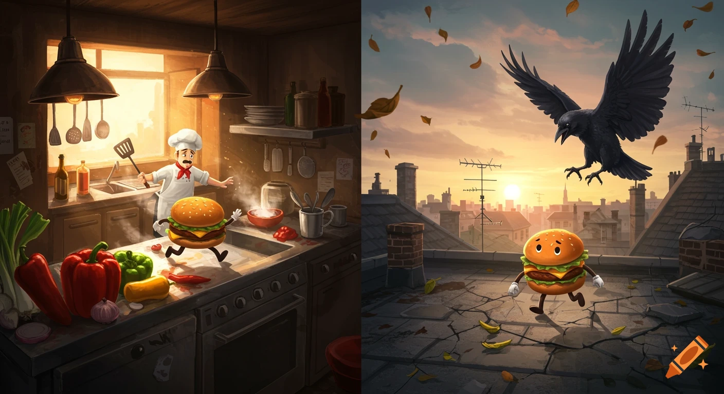 A cartoon burger runs from a chef in a kitchen, and from a crow on a ...