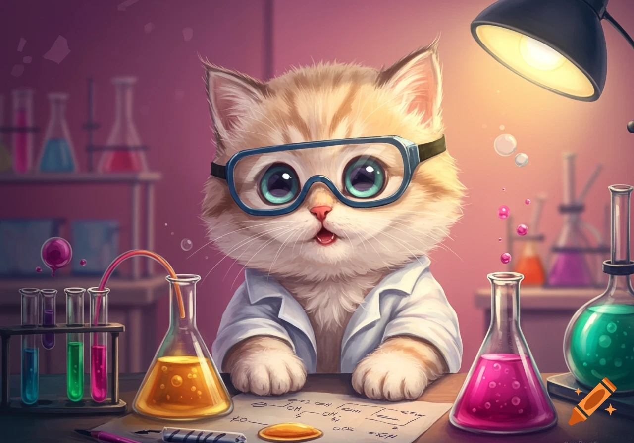 A cute kitten in a lab coat and goggles sits at a desk with beakers and ...