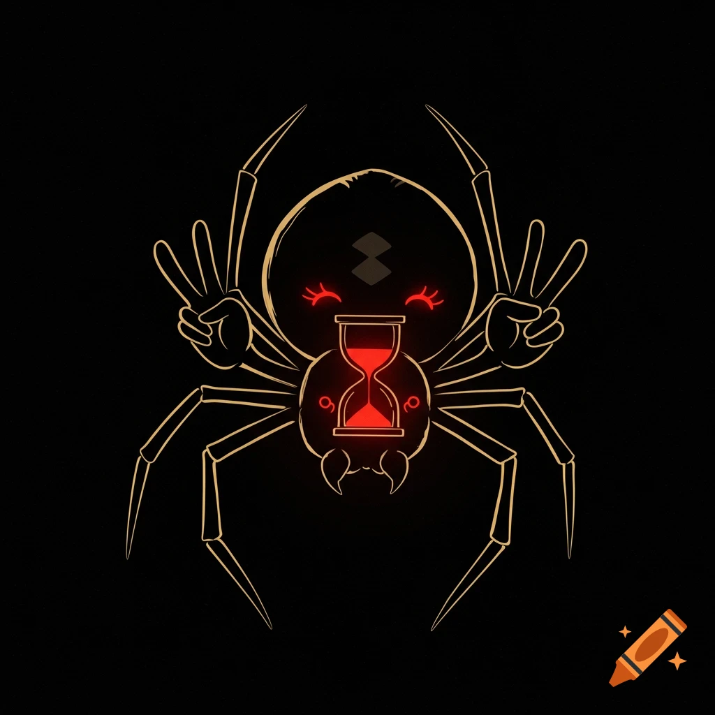 A stylized spider emblem making a peace sign with a glowing red ...