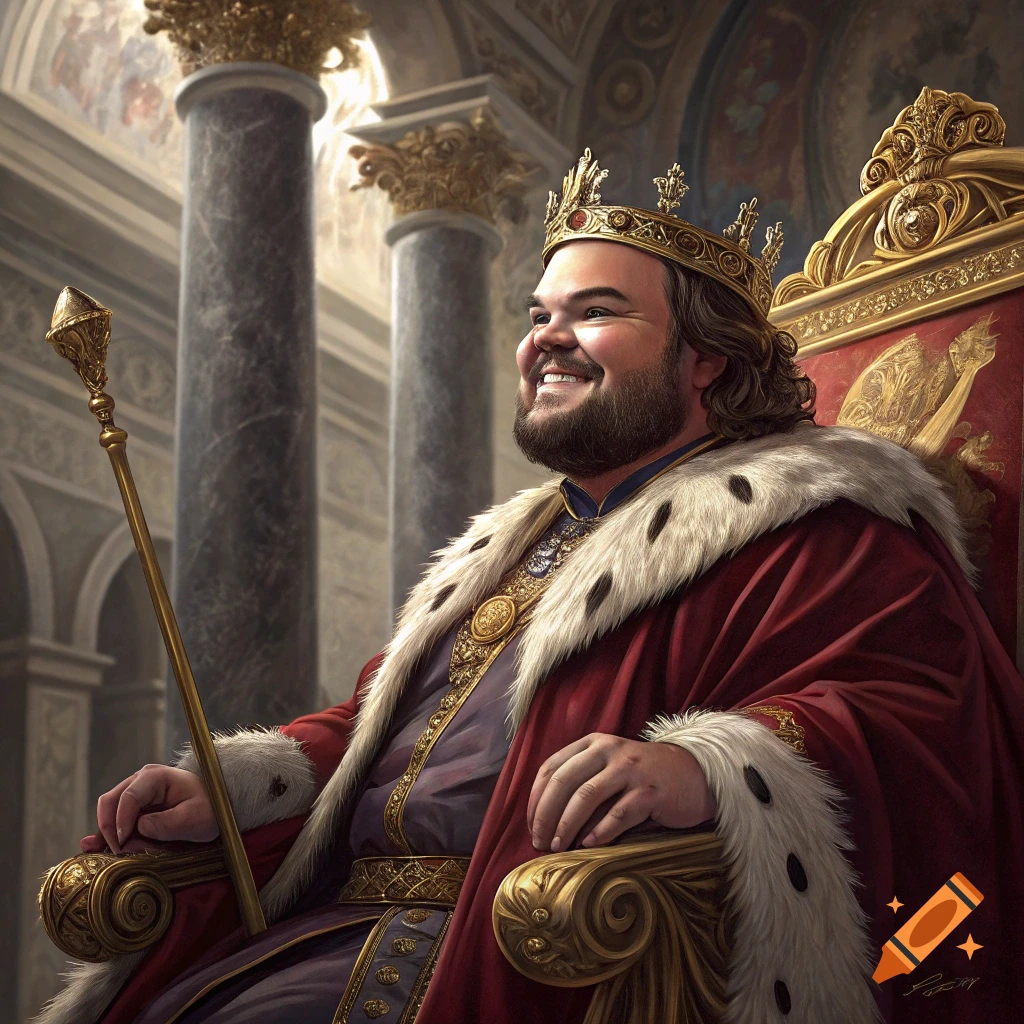 Portrait of Jack Black sitting on a golden throne, wearing a crown and ...