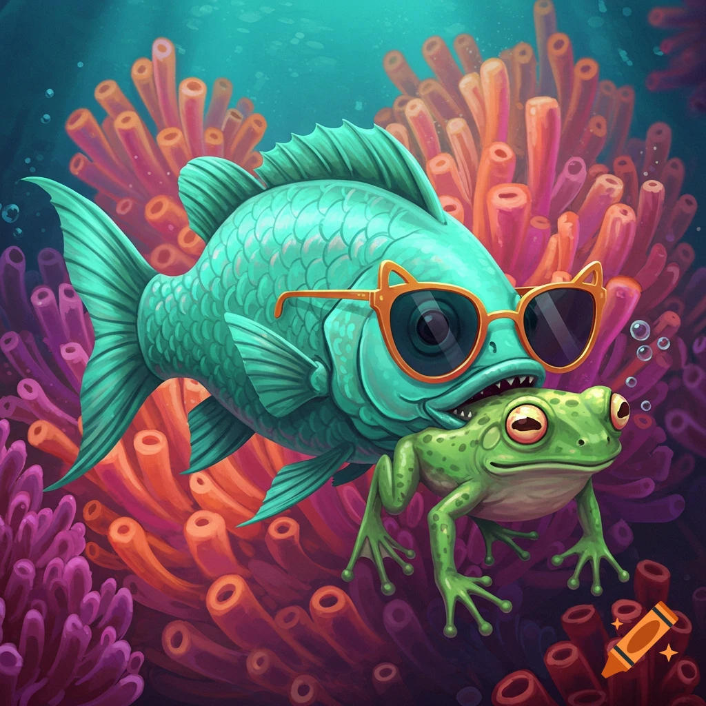 Illustration of a teal fish wearing orange cat-eye sunglasses eating a ...
