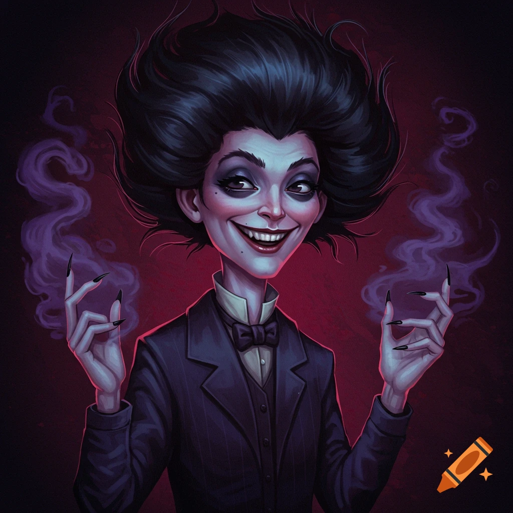 Cartoon illustration of a spooky character in a suit with dark hair and ...