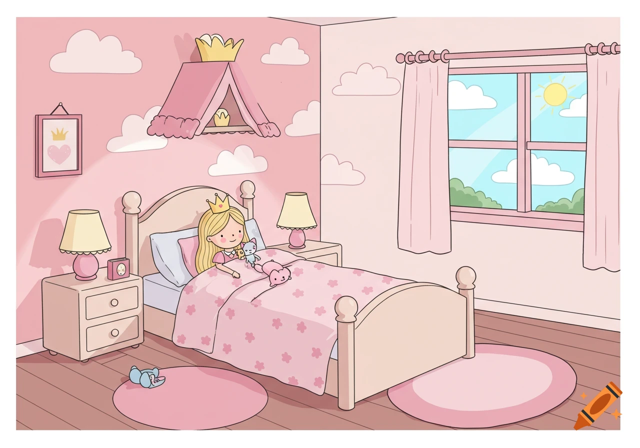 Simple cartoon illustration of a princess sitting in her pink bedroom ...