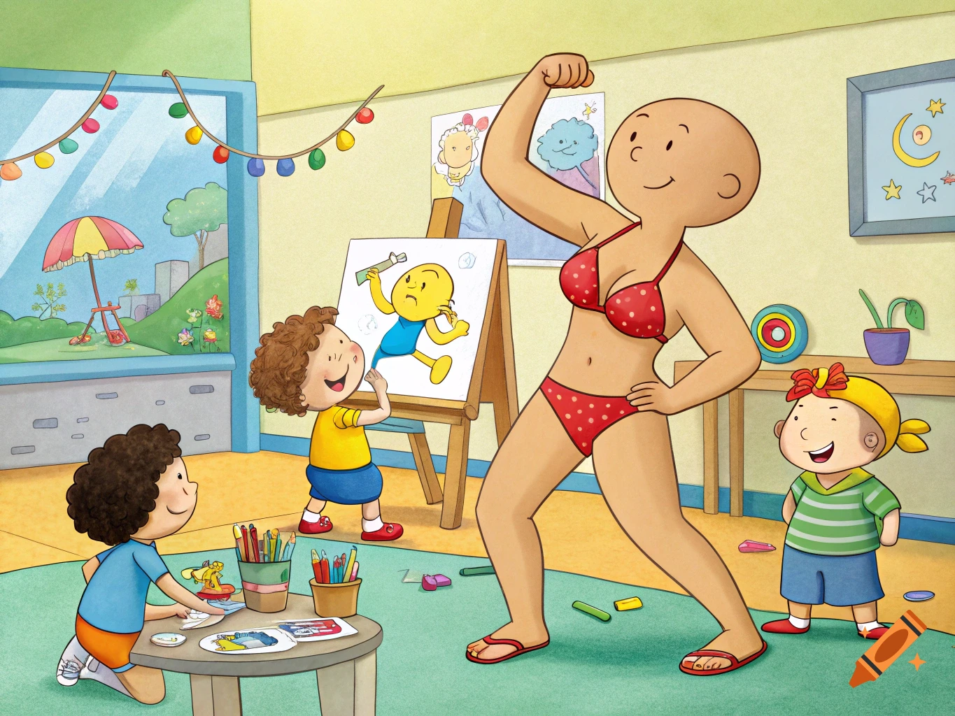 Cartoon of Caillou's mom in a bikini flexing while children draw her in a preschool art class ...