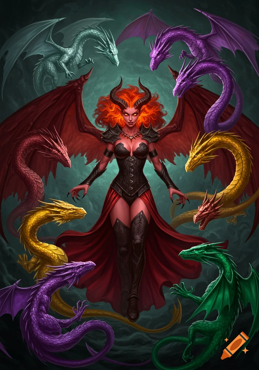 Devil woman with red hair, horns, and red wings stands surrounded by ...
