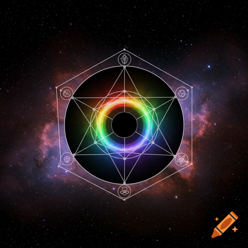 A unicursal hexagram symbol with internal geometry enclosing a rainbow ...