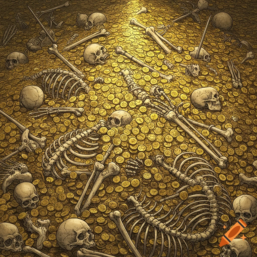 Top view illustration of skeletons and bones scattered across a large ...