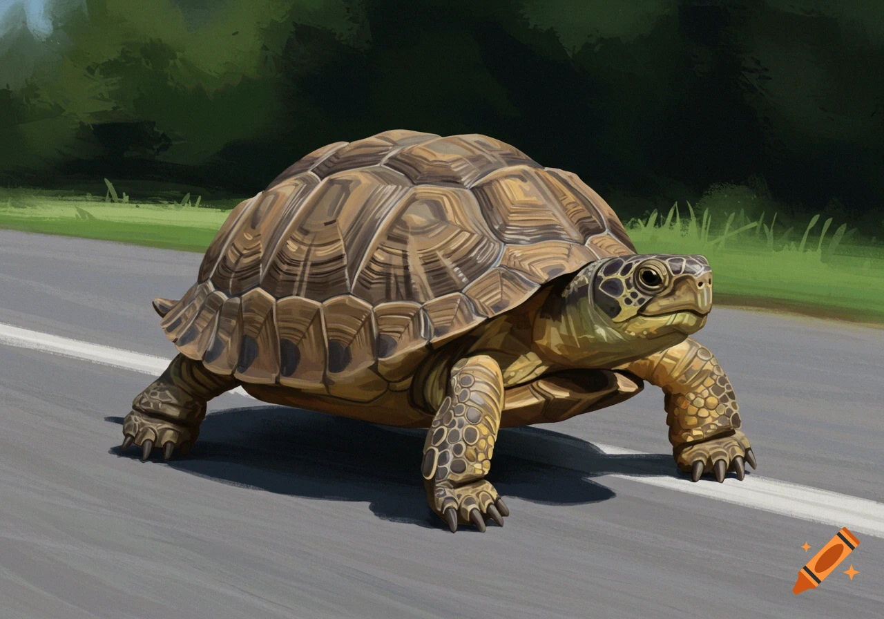 A painted illustration of a large turtle crossing an asphalt road. on ...