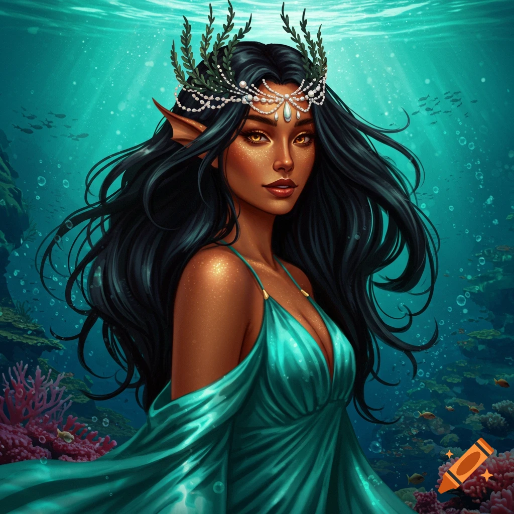 Digital painting of a beautiful sea goddess with long dark hair and a teal dress, underwater on ...