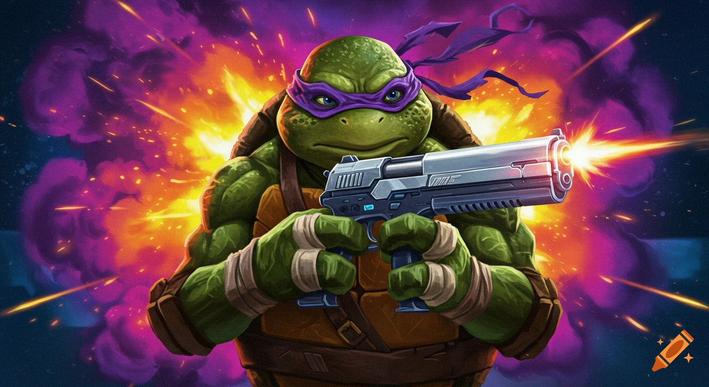A stylized illustration of a Teenage Mutant Ninja Turtle pointing a gun ...